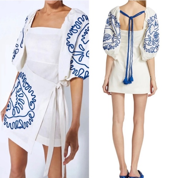 Alexis | Dresses | Alexis Vallini White Blue Embroidered Dress Tassels ...